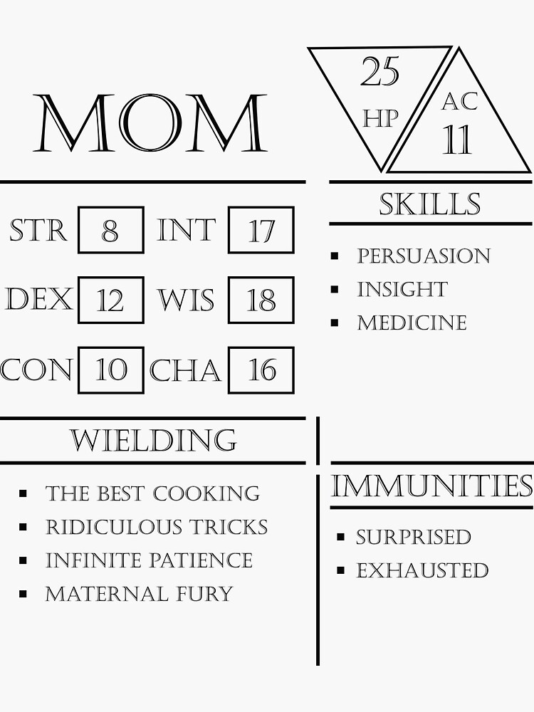 "Mom Stats - Character Sheet - Black" Sticker for Sale by EchoTheBard ...