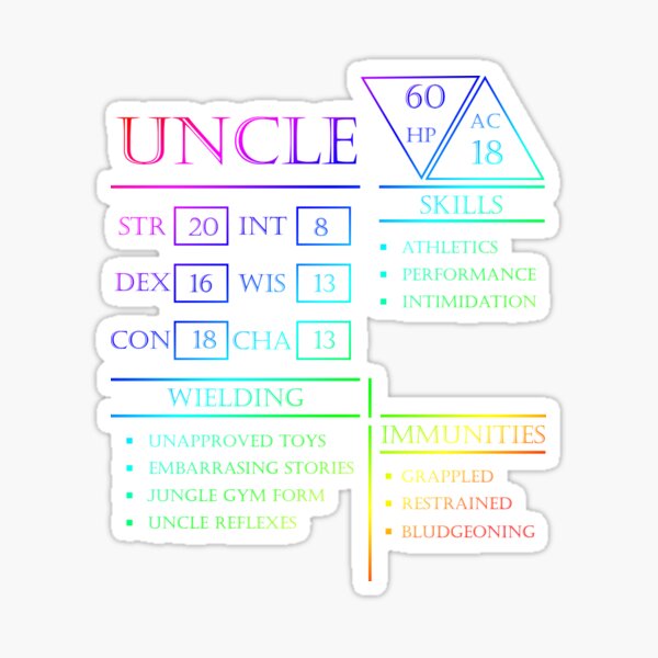 "Uncle Stats - Character Sheet - Rainbow" Sticker for Sale by ...