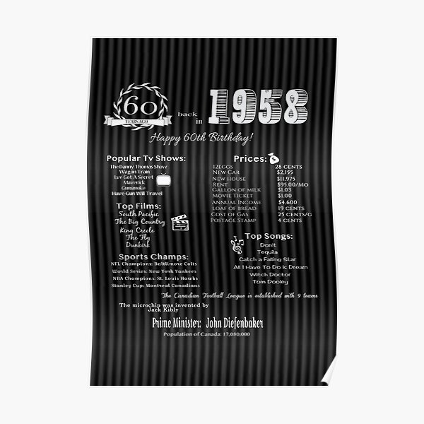 "60 Years Old! If Born in 1958 - Fun Facts Poster for Party.. Canadian ...