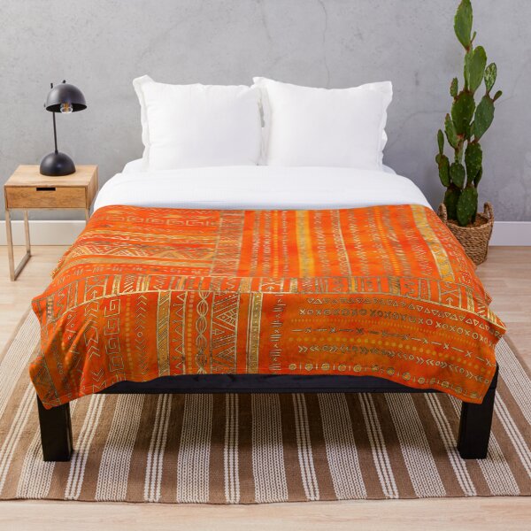 "Tribal Ethnic pattern gold on bright orange" Throw Blanket for Sale by ...
