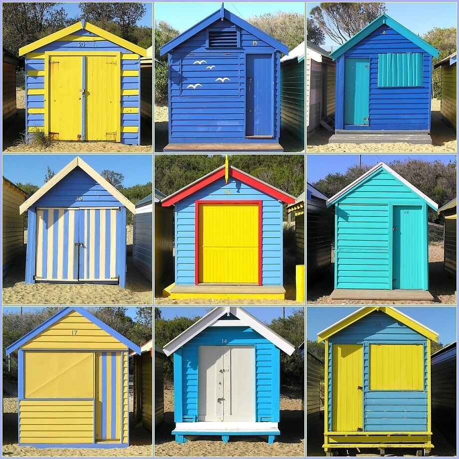 "Brighton Bathing Boxes in Blue" by Christopher Biggs | Redbubble