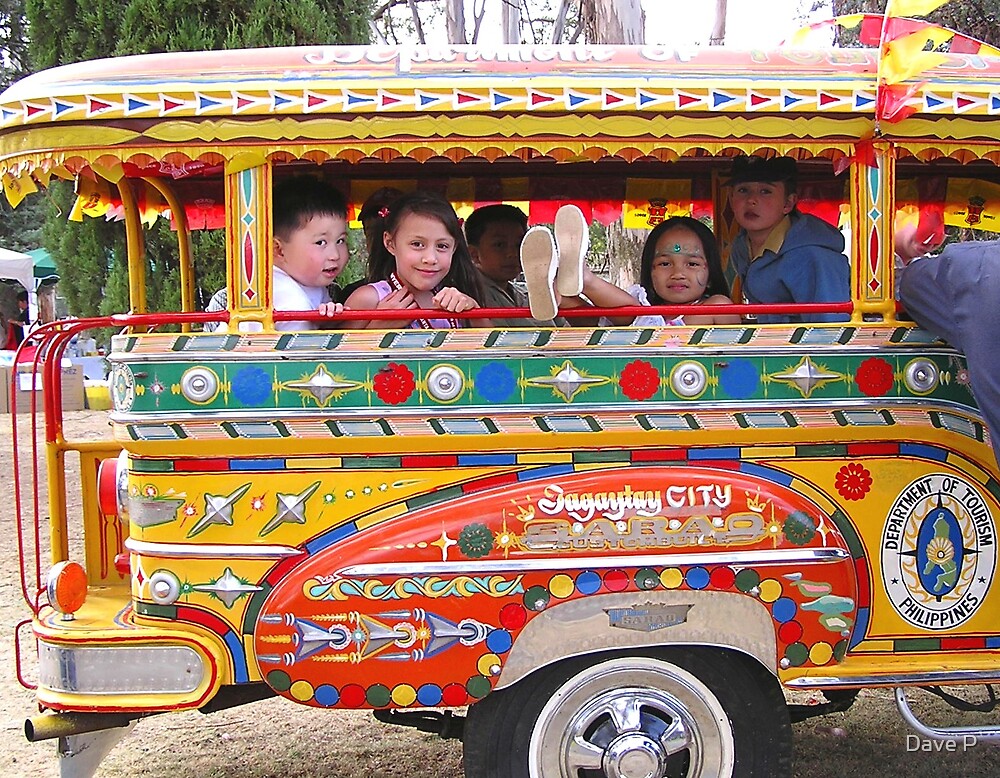 "Filipino kids relax onboard a Philippines jeepney" by Dave P | Redbubble