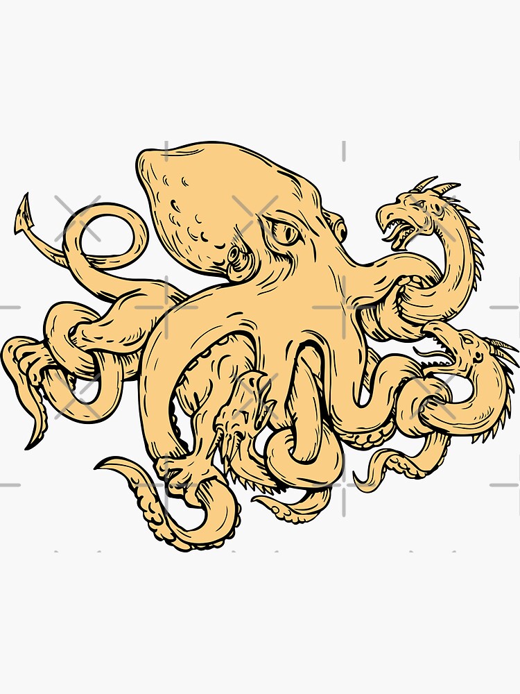"Giant Octopus Fighting Hydra Drawing" Sticker by patrimonio | Redbubble