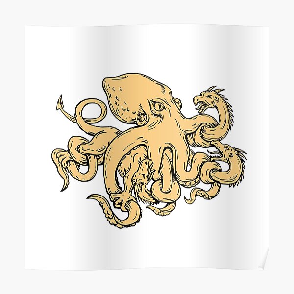 "Giant Octopus Fighting Hydra Drawing" Poster by patrimonio | Redbubble