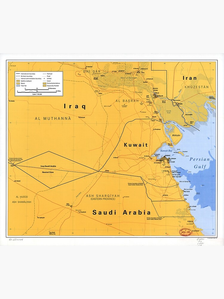 "Gulf War Boundaries Map, Saudi Arabia, Iraq, Kuwait (1991 ...