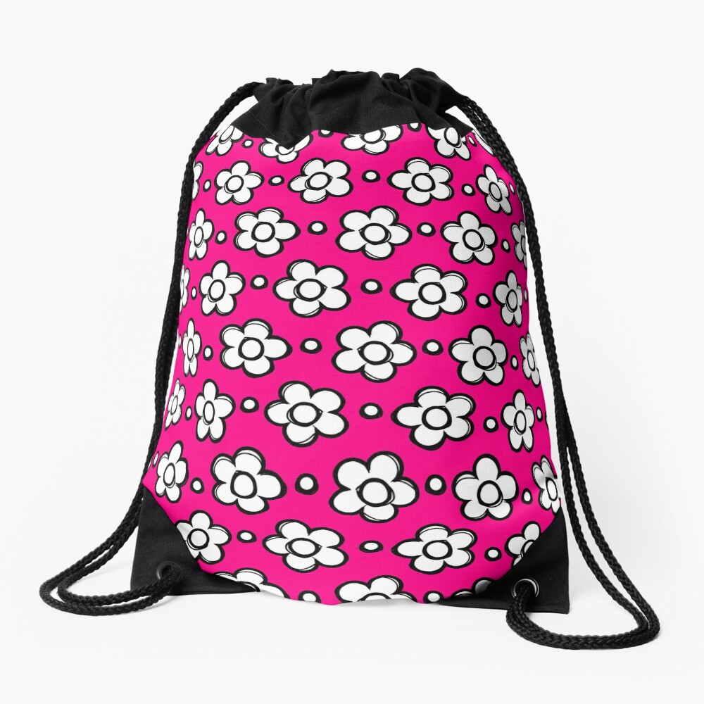 "Cute Girly Doodle Flowers Pink Floral" Drawstring Bag for Sale by ...