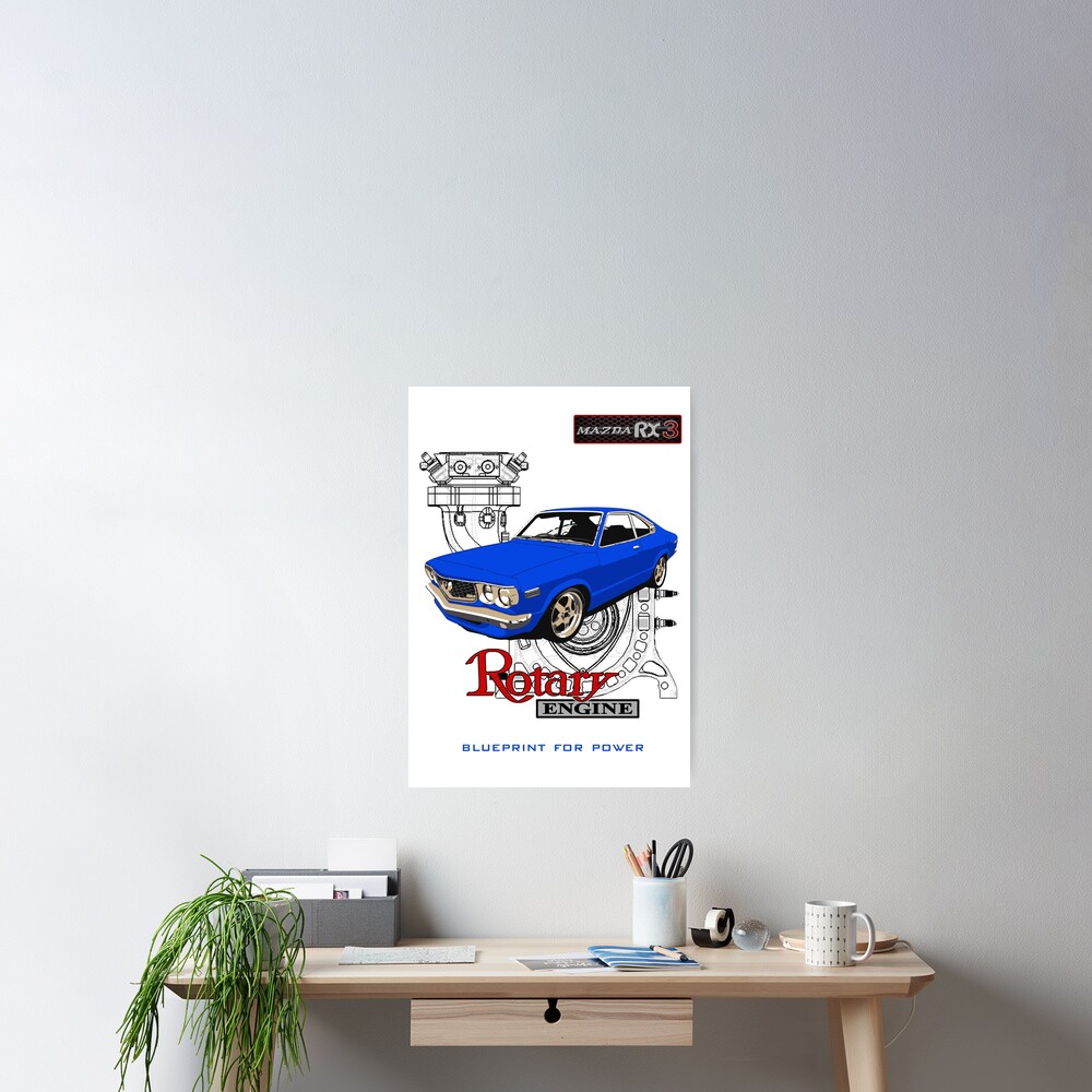 "Mazda RX3 Rotary Engine Blueprint Blue" Poster for Sale by ...