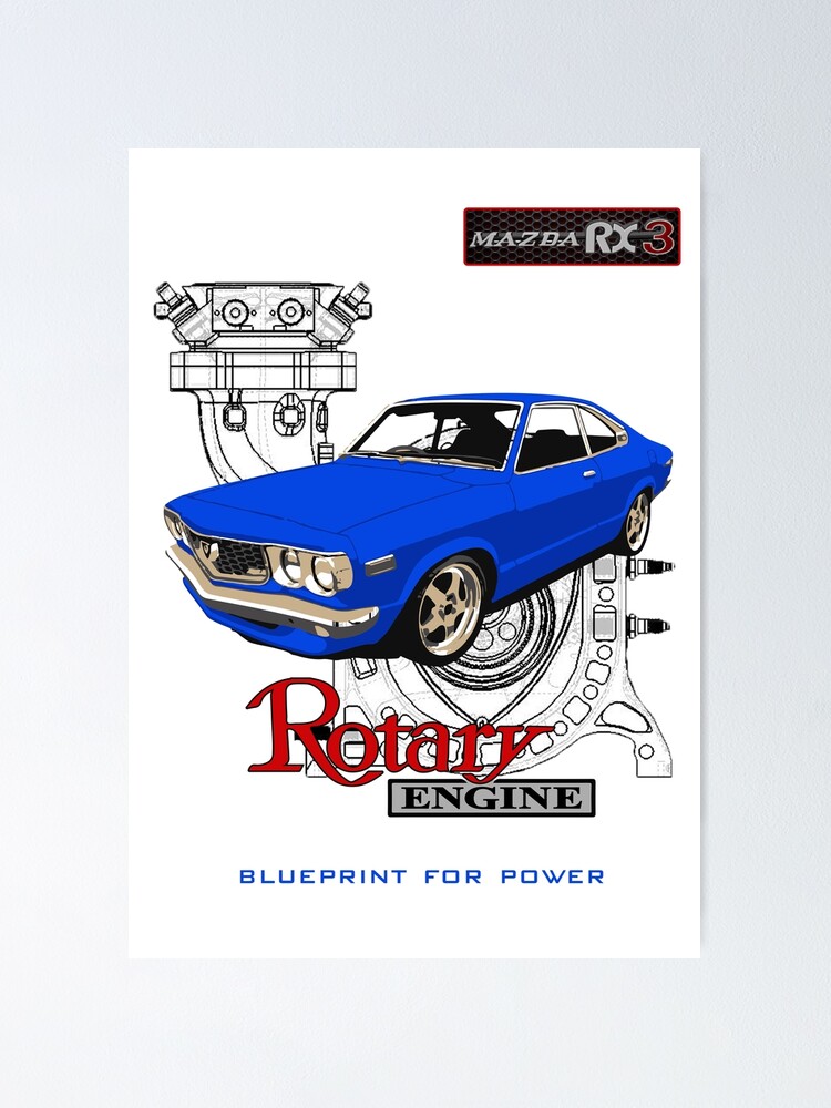 "Mazda RX3 Rotary Engine Blueprint Blue" Poster for Sale by ...