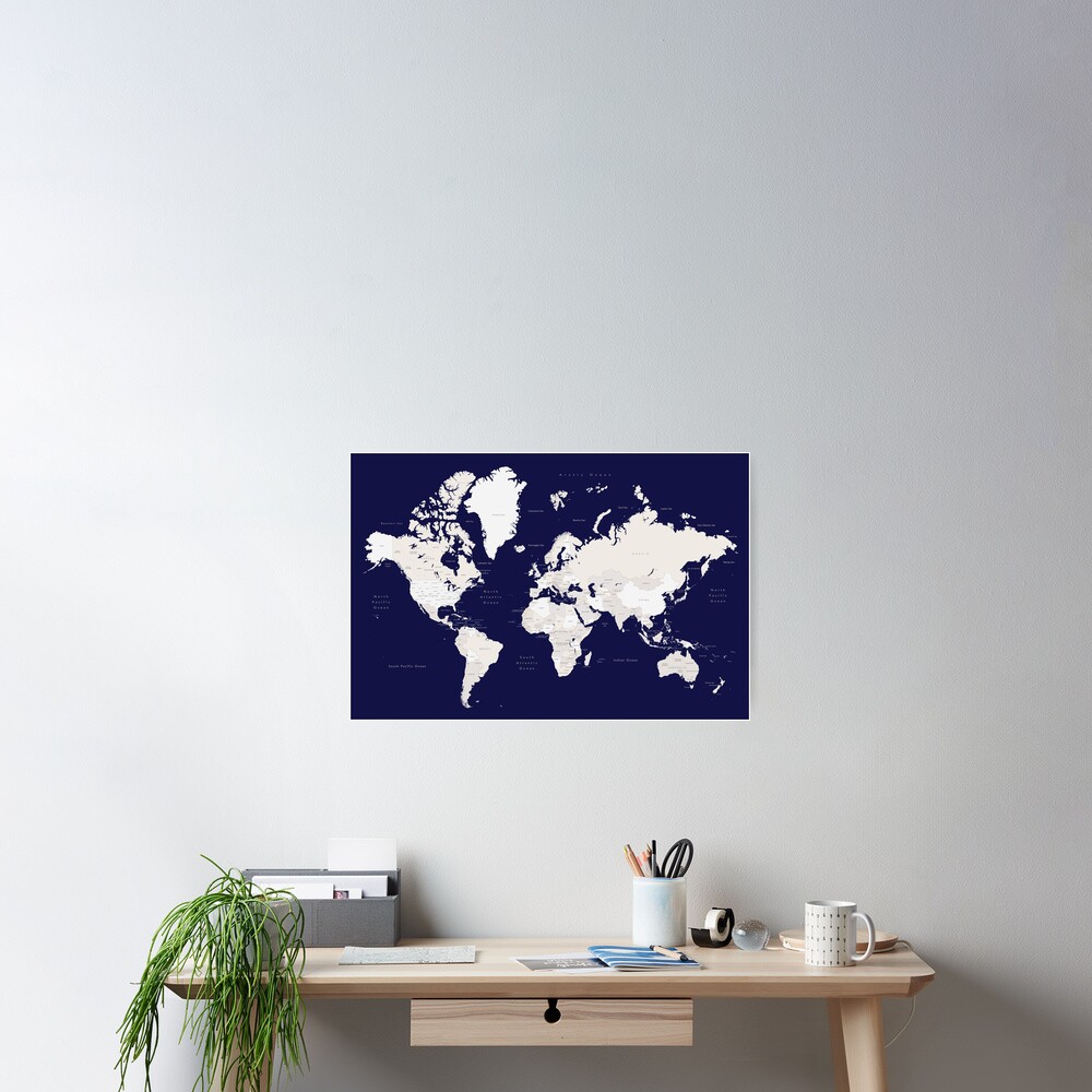 "Navy blue and cream world map, "Austin" " Poster for Sale by blursbyai ...
