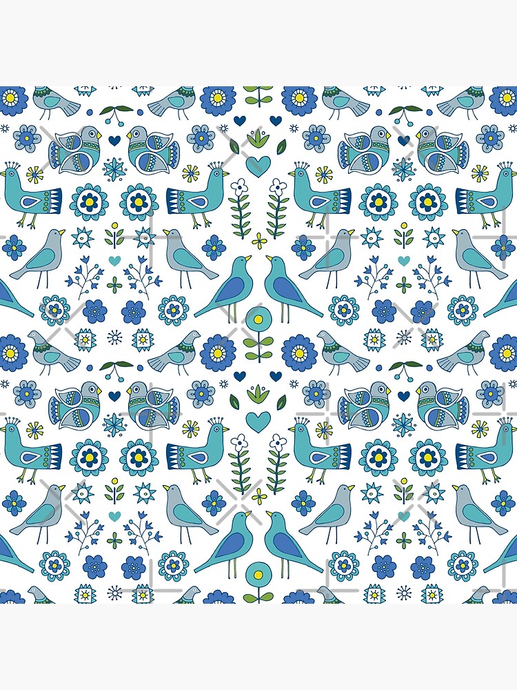 "Scandi Folk Birds - blue and white - Scandinavian folk art pattern by ...