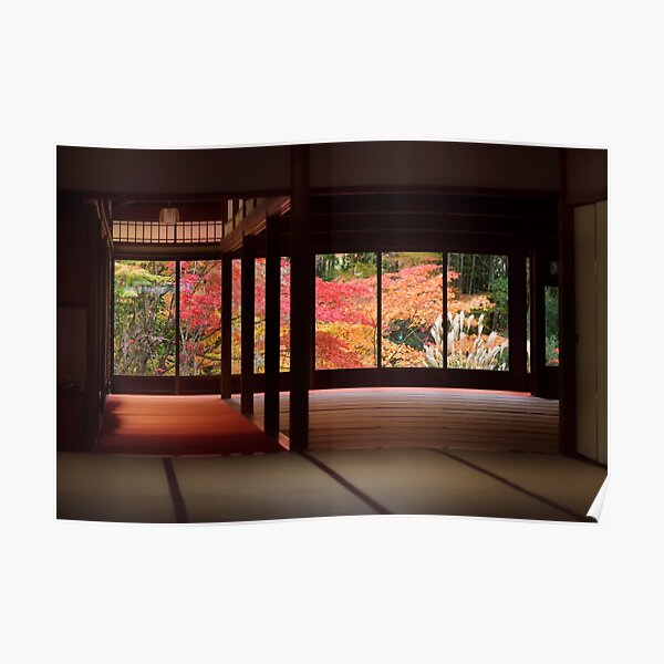 "Traditional Japanese temple hall interior with beautiful autumn nature ...