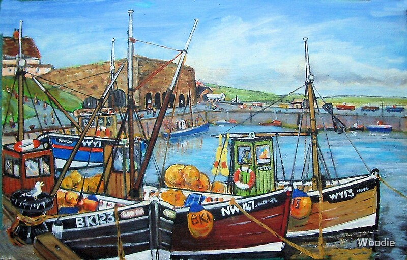"Seahouses' Harbour and Fishing Boats" by Woodie | Redbubble