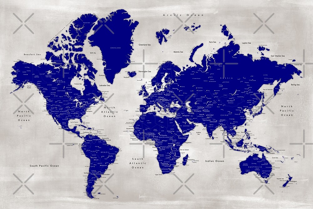 "Navy blue and grey detailed world map, "Delaney"" by blursbyai | Redbubble