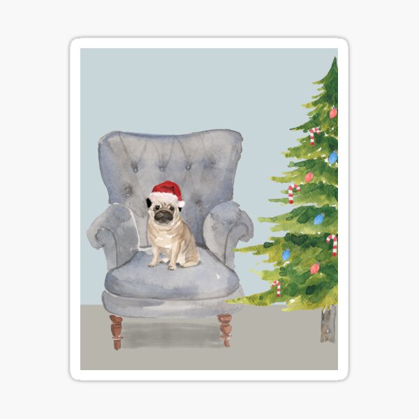 "Pug Christmas Tree Scene, Pug Christmas Art" Sticker for Sale by ...