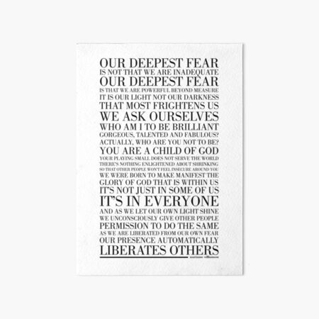 "Our deepest fear by Marianne Williamson (Black)" Art Board Print for ...