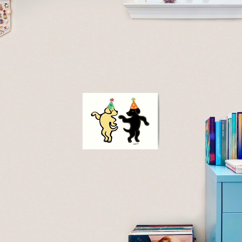 "Yellow Labrador and Black Labrador Birthday Party Dancing" Art Print ...