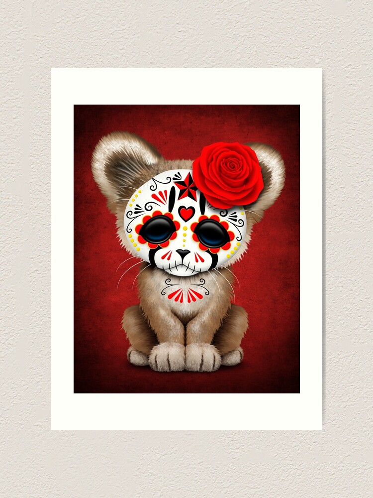 "Red Day of the Dead Sugar Skull Cougar Cub" Art Print for Sale by ...