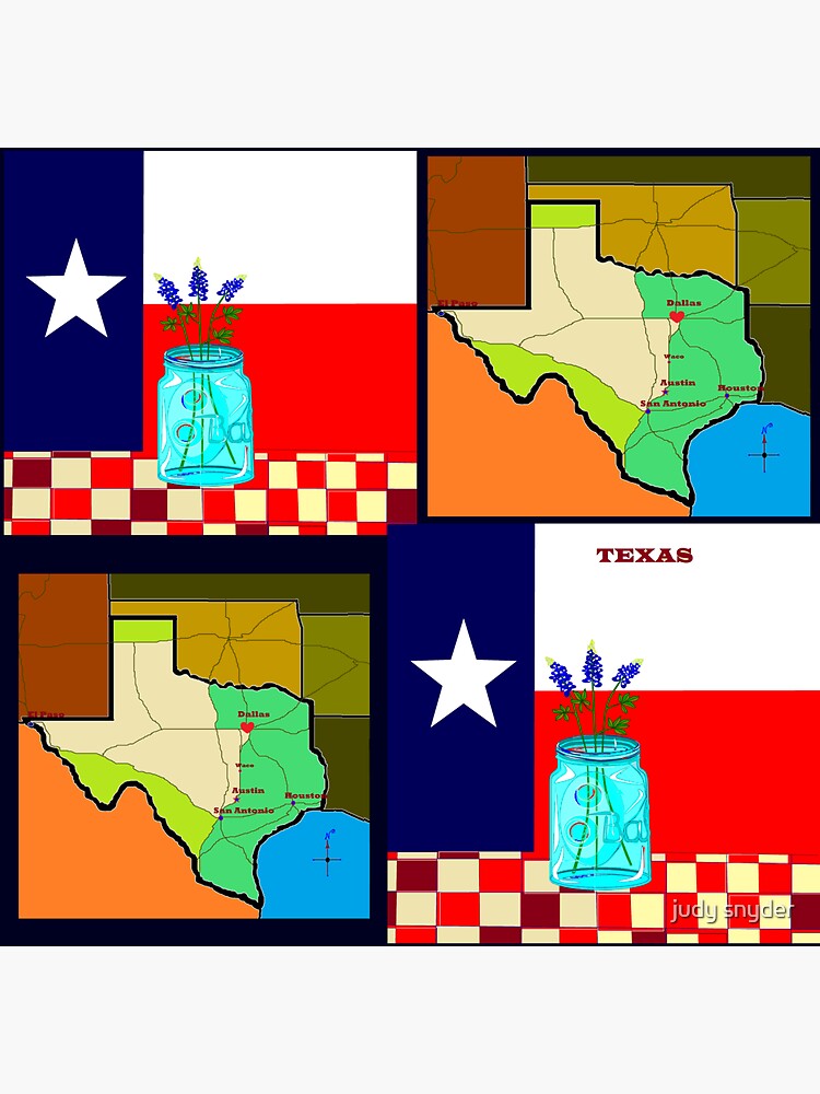 "Texas theme, map and bluebonnets, traditional white, blue and red ...
