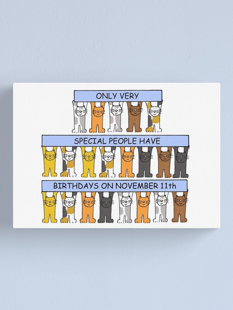 "November 11th Birthday Cartoon Cats Holding Banners Up" Canvas Print ...