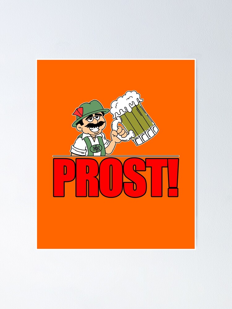 "Prost Deutscher Cartoon-Mann mit Lederhosen, der ein Bier hält" Poster ...