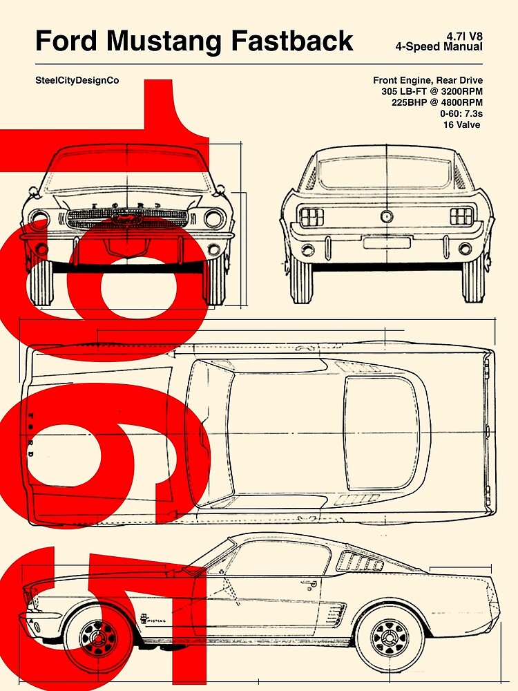 "1965 Ford Mustang Fastback Blueprint Artwork" Photographic Print for ...