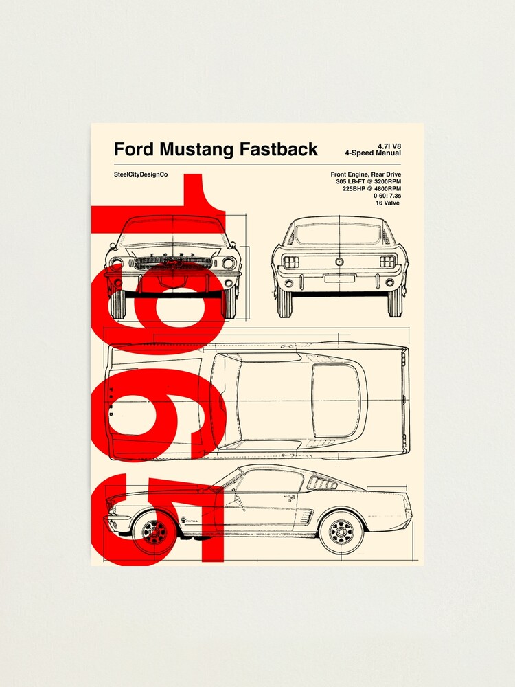 "1965 Ford Mustang Fastback Blueprint Artwork" Photographic Print for ...