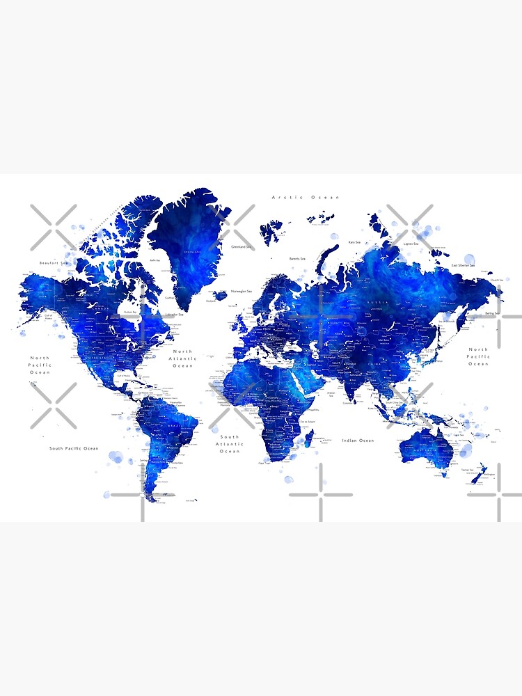 Navy Blue And Cobalt Blue Watercolor World Map With Cities Labelled ...