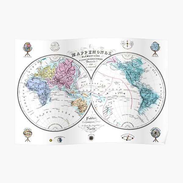 Póster «Mapamundi mural art 1876 dormitorio decor mappemonde de la ...