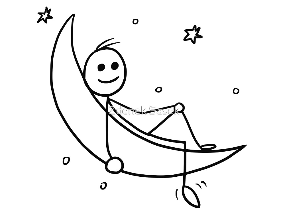 " Stick Man Dreamer Character Sitting on Half Moon " by Zdenek Sasek ...