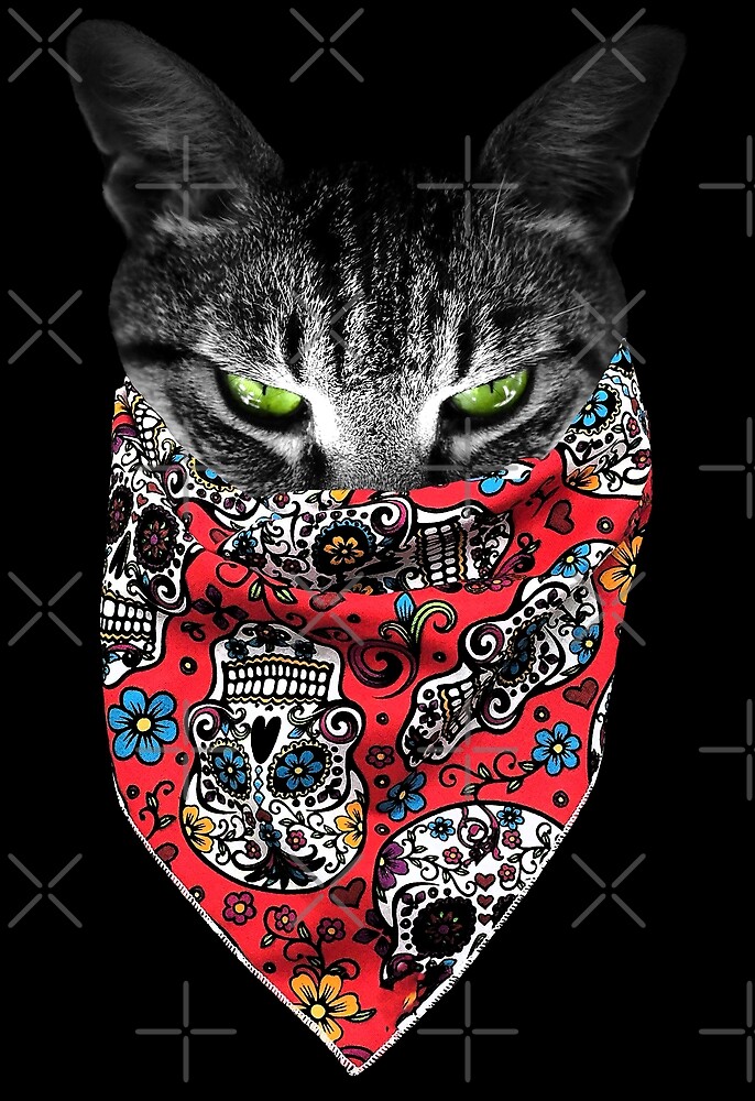 « T-shirt Black Gangster Cat avec yeux verts et bandana noir » par ...
