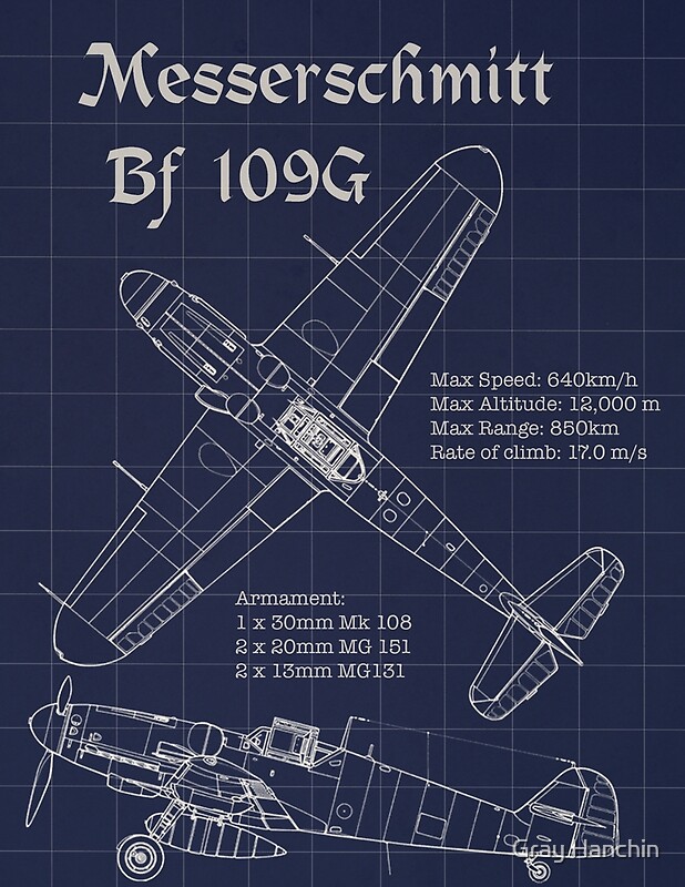 "Messerschmitt Bf 109 Blueprint" by The War Effort | Redbubble