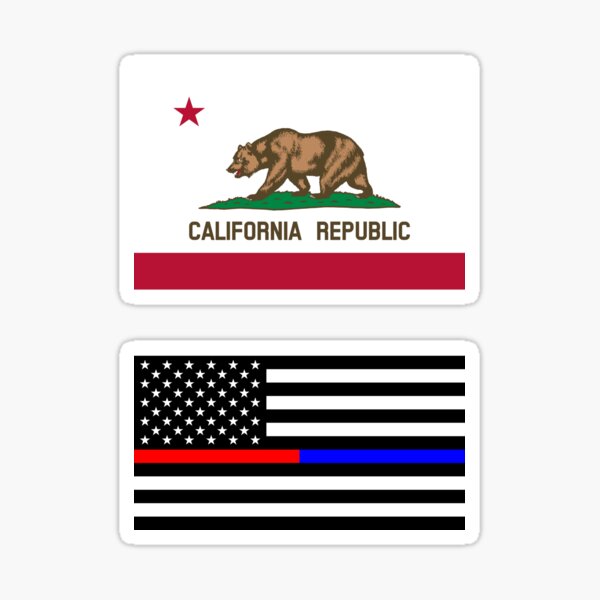 "California CA State Flag + Thin Red Blue Line American Flag" Sticker ...