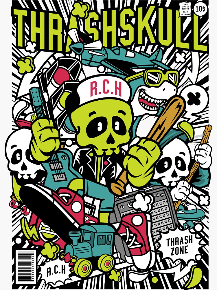 "Thrash Skull Cartoon" Sticker by dopetee6 | Redbubble