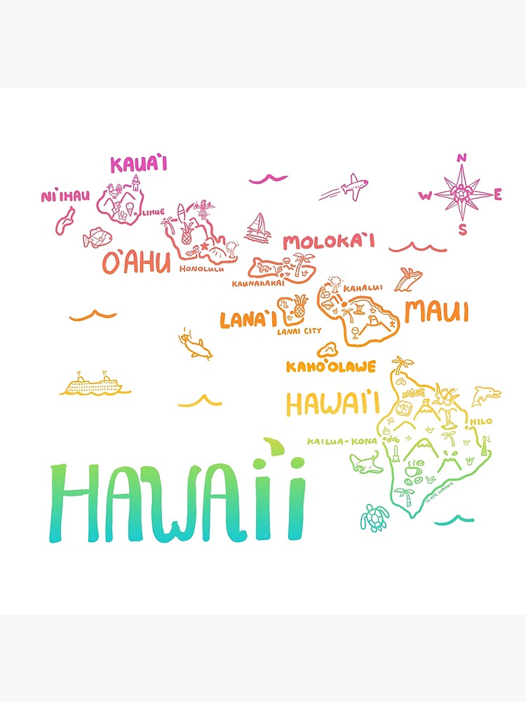 "Hawaii Illustrated Map Rainbow Color" Art Print by clairelordon ...