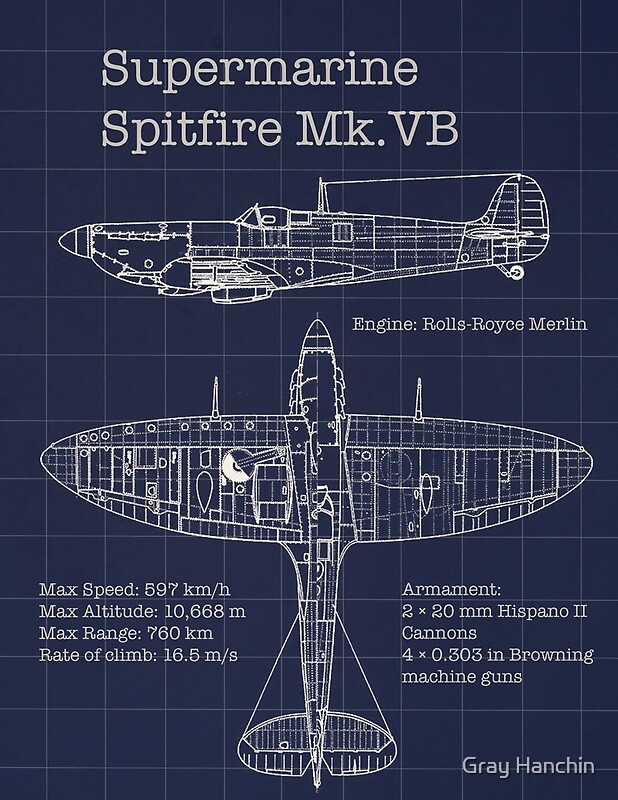 "Supermarine Spitfire Blueprint" by The War Effort | Redbubble