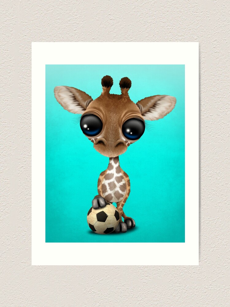 "Cute Baby Giraffe With Football Soccer Ball" Art Print for Sale by ...