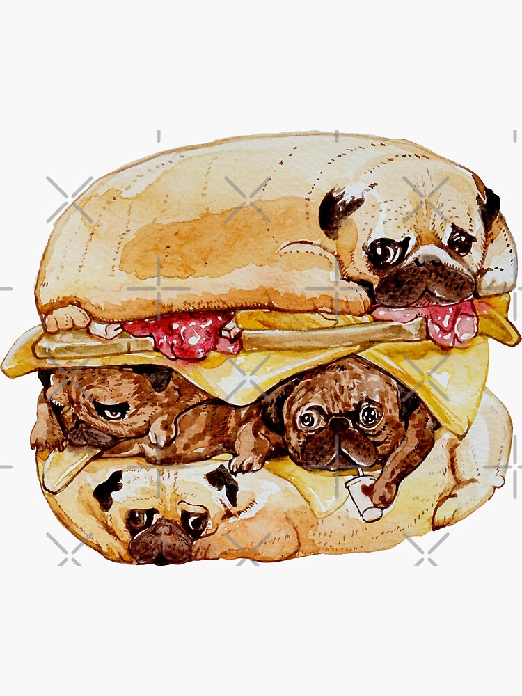 " Pugs Burger Watercolor" Sticker by Huebucket | Redbubble