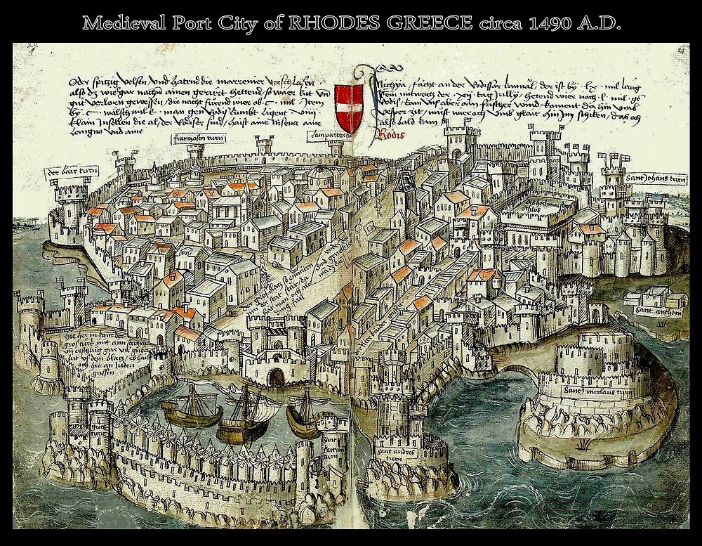 "MEDIEVAL PORT CITY of RHODES : Vintage 1490 A.D. Picture Map Print" by ...