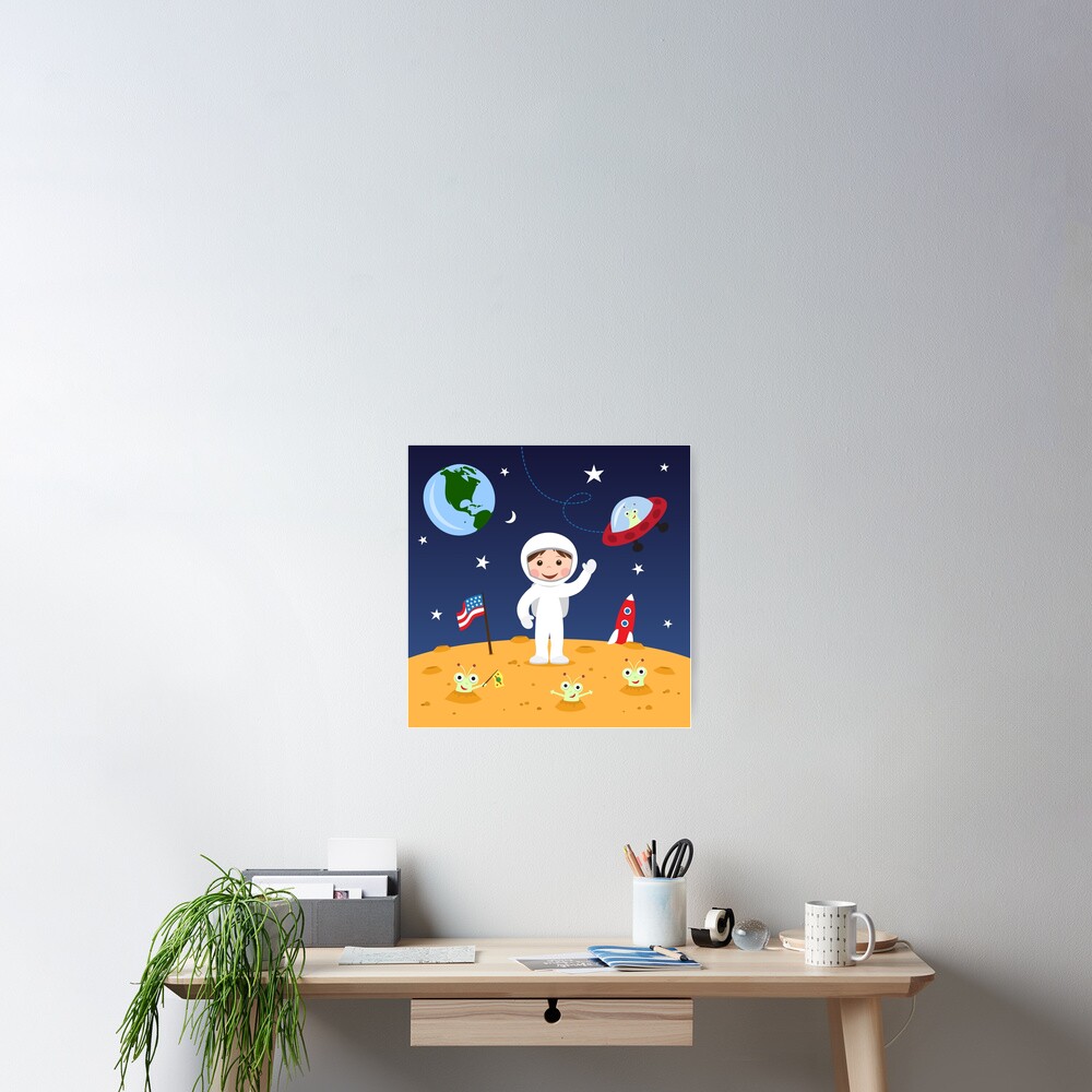 "Friends in space cute cartoon wall art with boy astronaut and friendly ...