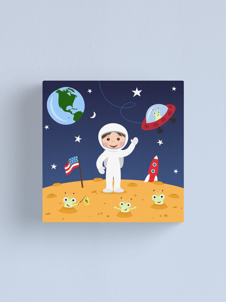"Friends in space cute cartoon wall art with boy astronaut and friendly ...