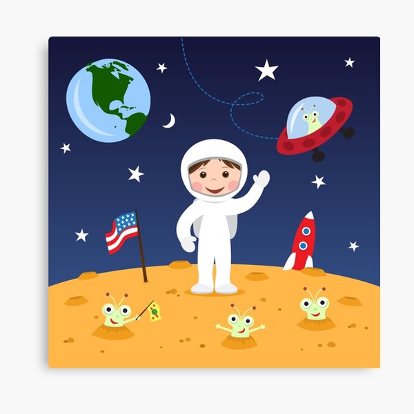 "Friends in space cute cartoon wall art with boy astronaut and friendly ...