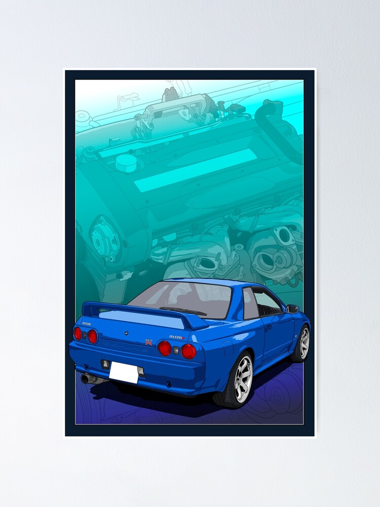 "Blue Skyline R32 GTR with RB26 background" Poster for Sale by ...