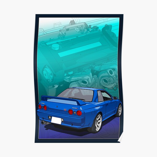 "Blue Skyline R32 GTR with RB26 background" Poster for Sale by ...