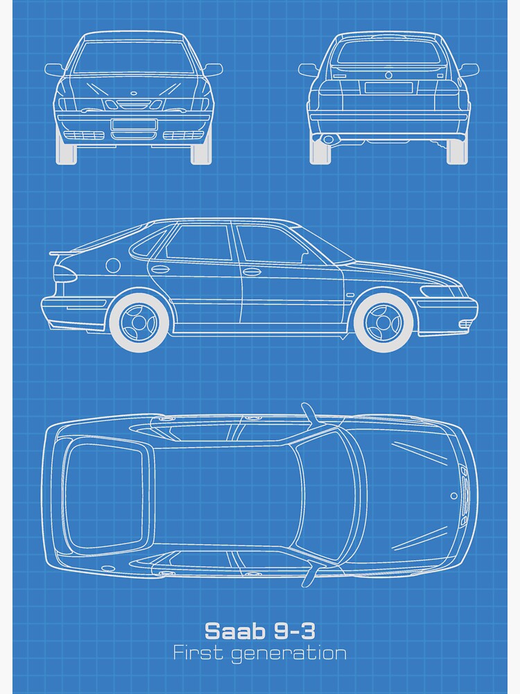 "Saab 9-3 First Gen Blueprint" Sticker by RADIO887 | Redbubble