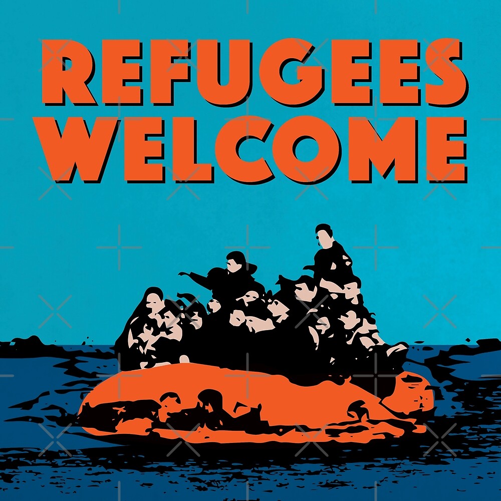 "REFUGEES WELCOME - COLOURFUL ILLUSTRATION SHOWING REFUGEES ON A SMALL ...