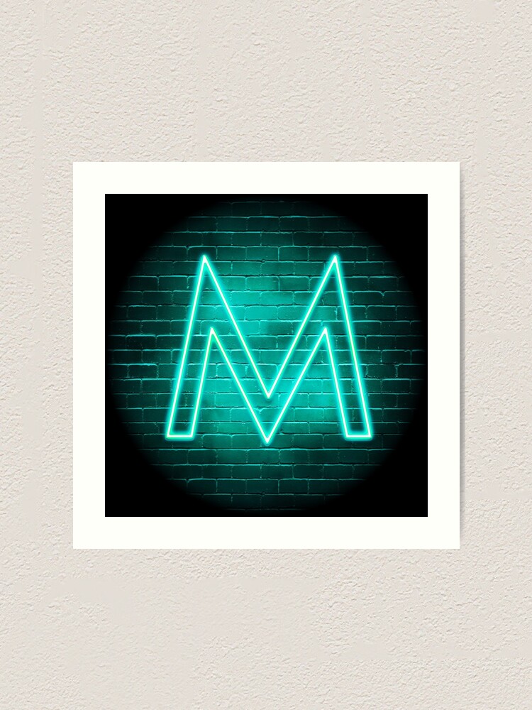 "Neon Sign Letter M Teal Mint Blue Funny Initial Monogram" Art Print by ...