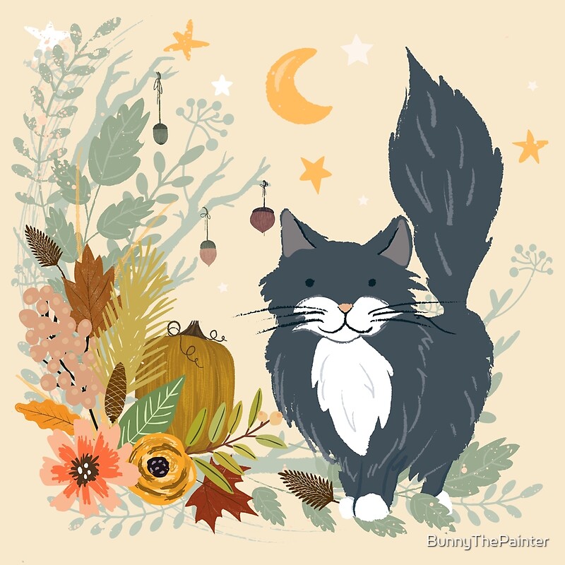 "Autumn Garden Moonlit Kitty Cat" by BunnyThePainter | Redbubble