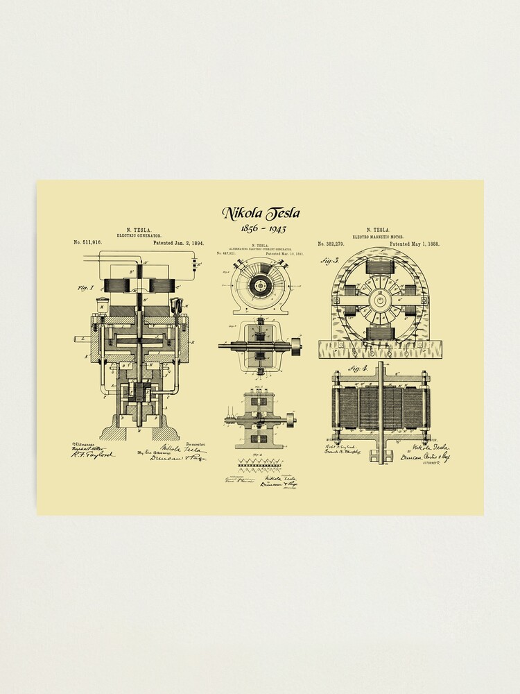 "Tesla Electric Inventions Vintage Patent Blueprints" Photographic ...