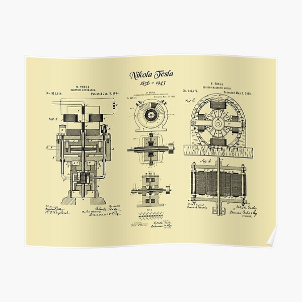 "Tesla Electric Inventions Vintage Patent Blueprints" Poster by ...