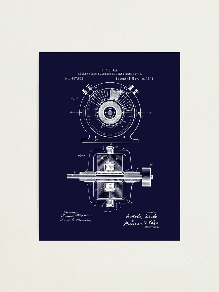 "Nikola Tesla AC Electric Generator Patent 1891 " Photographic Print by ...